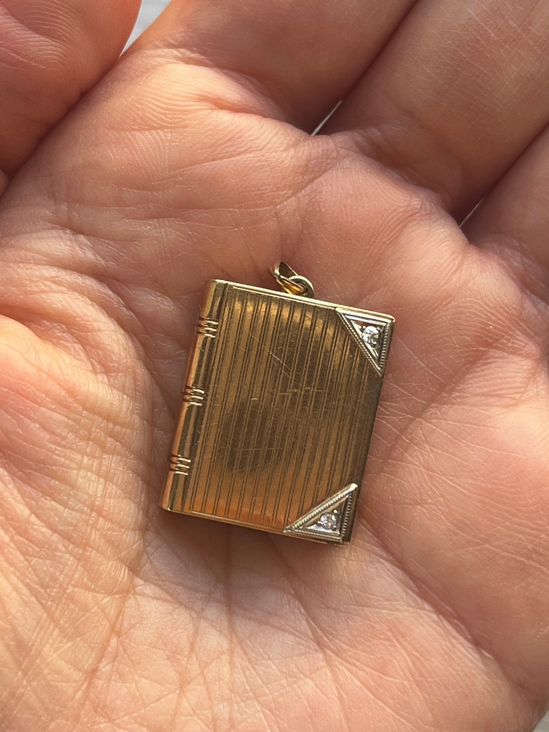 Vintage 10k Yellow Gold Book Locket Pendant Charm W/ Tiny Diamonds 3.9g ...