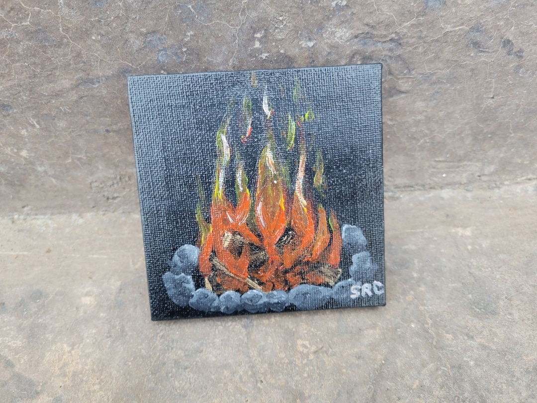 Tiny Campfire Acrylic Painting, Original Firepit Painting, 4 by 4 ...