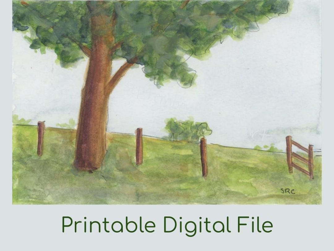 Tree Pasture Watercolor Painting Digital File, Original, 4 by 6 ...