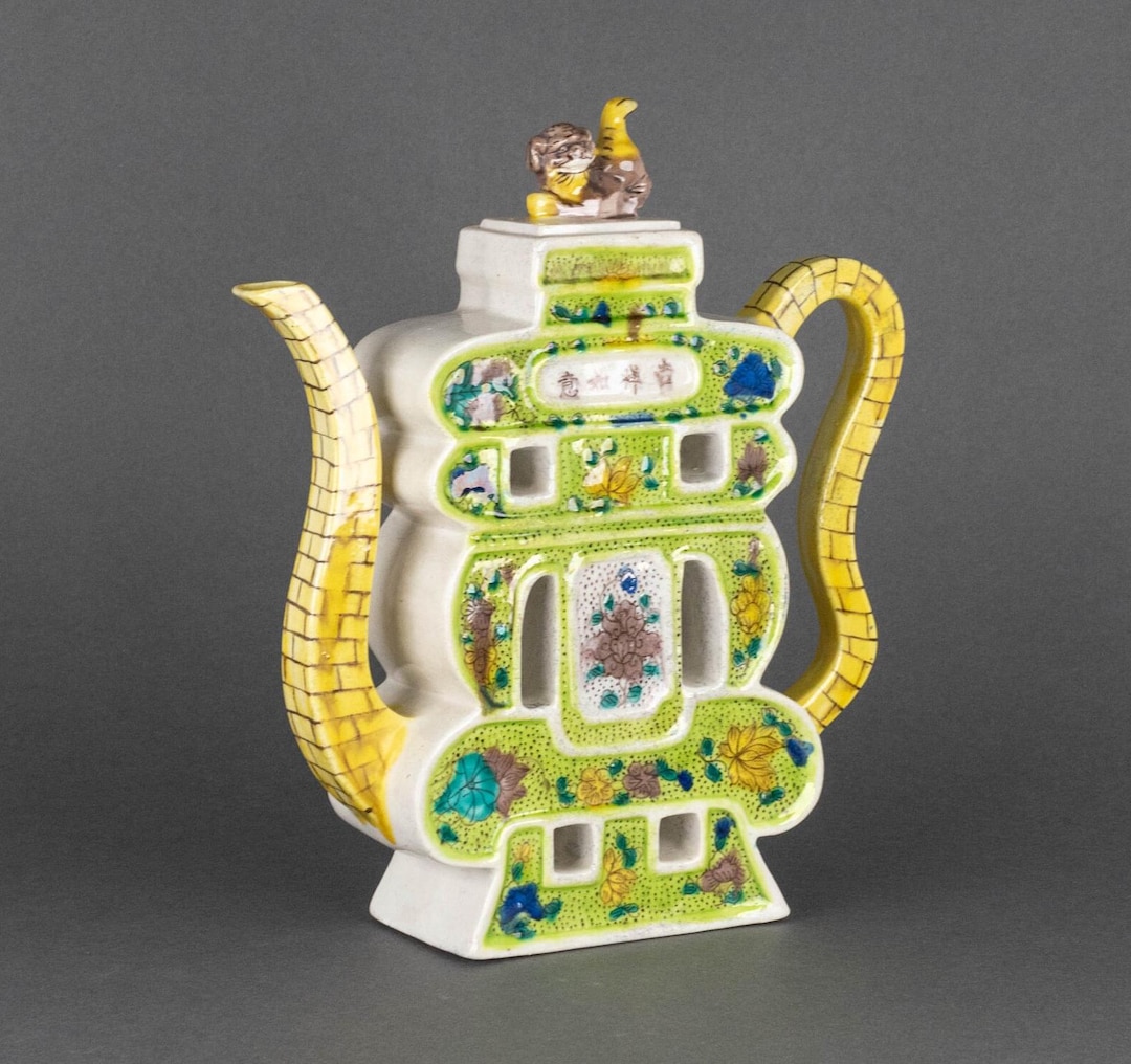 Vintage Chinese Kangxi Famille Verte Style Puzzle Teapot, Shou ...