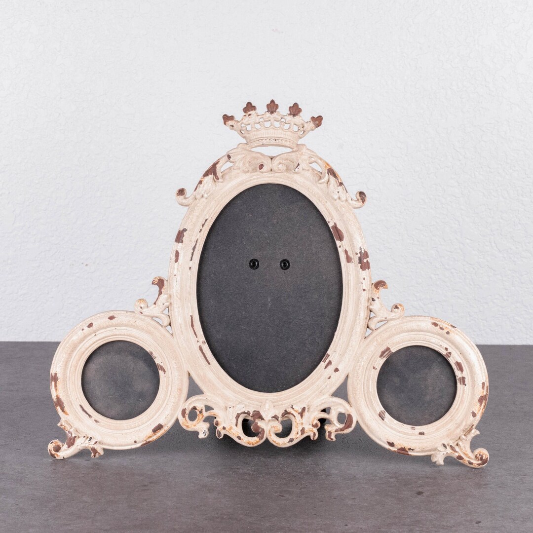 Rustic Off-white Triple Picture Frame, Tryptic Photo Frame With Crown ...