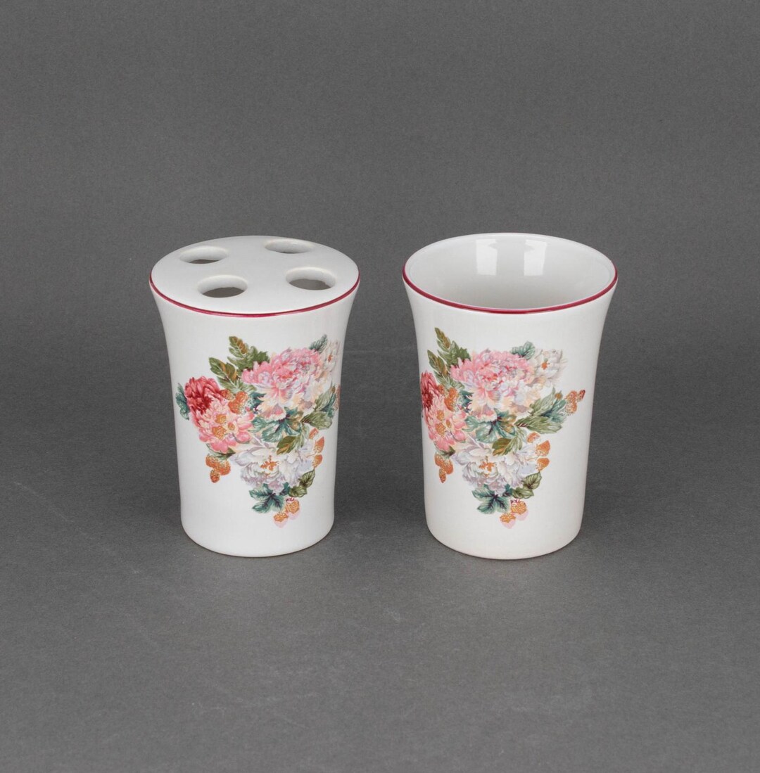 Vintage Ceramic Toothbrush and Tumbler Set With Pink Floral Decoration ...
