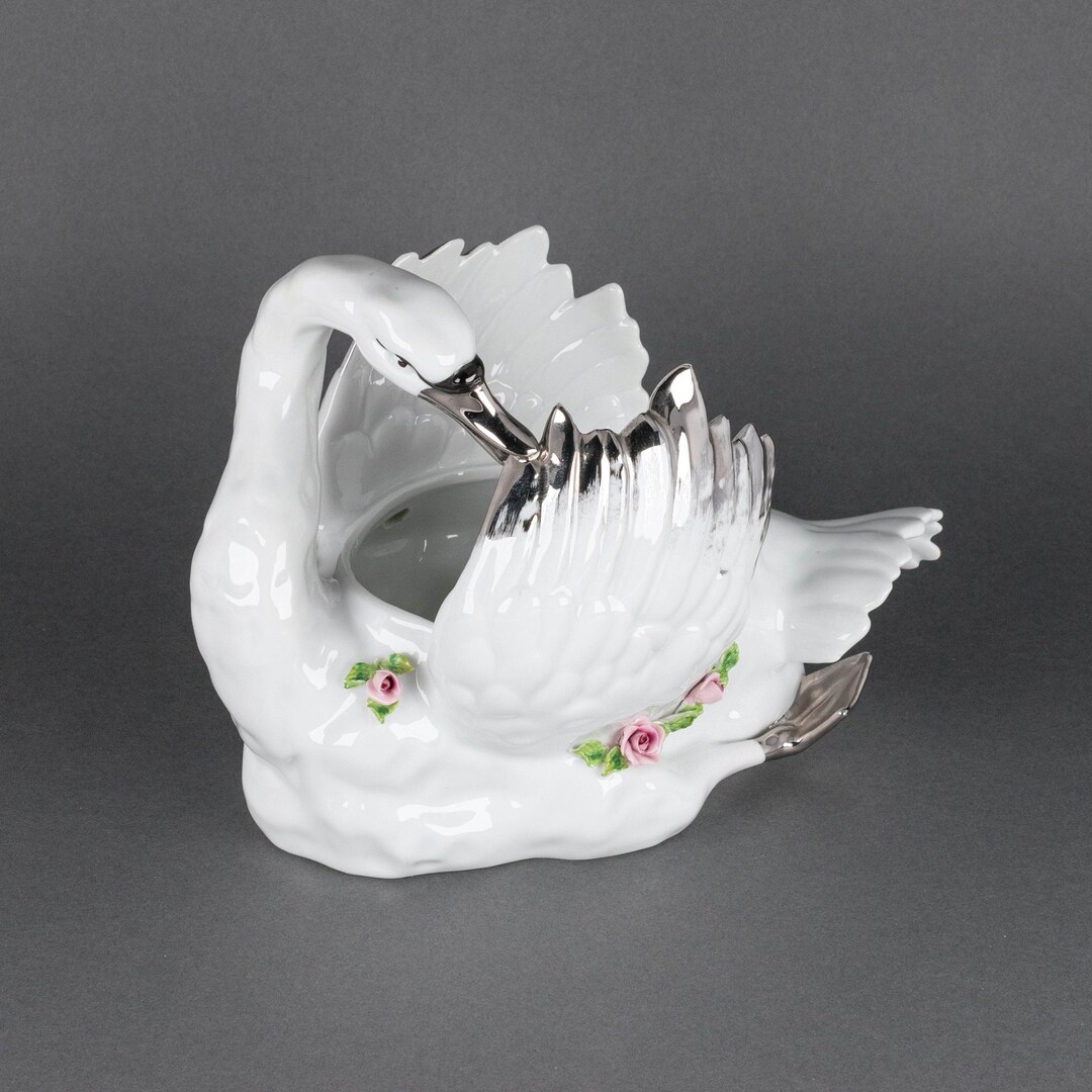 Vintage White Porcelain Swan Planter With Roses & Silver Accents ...