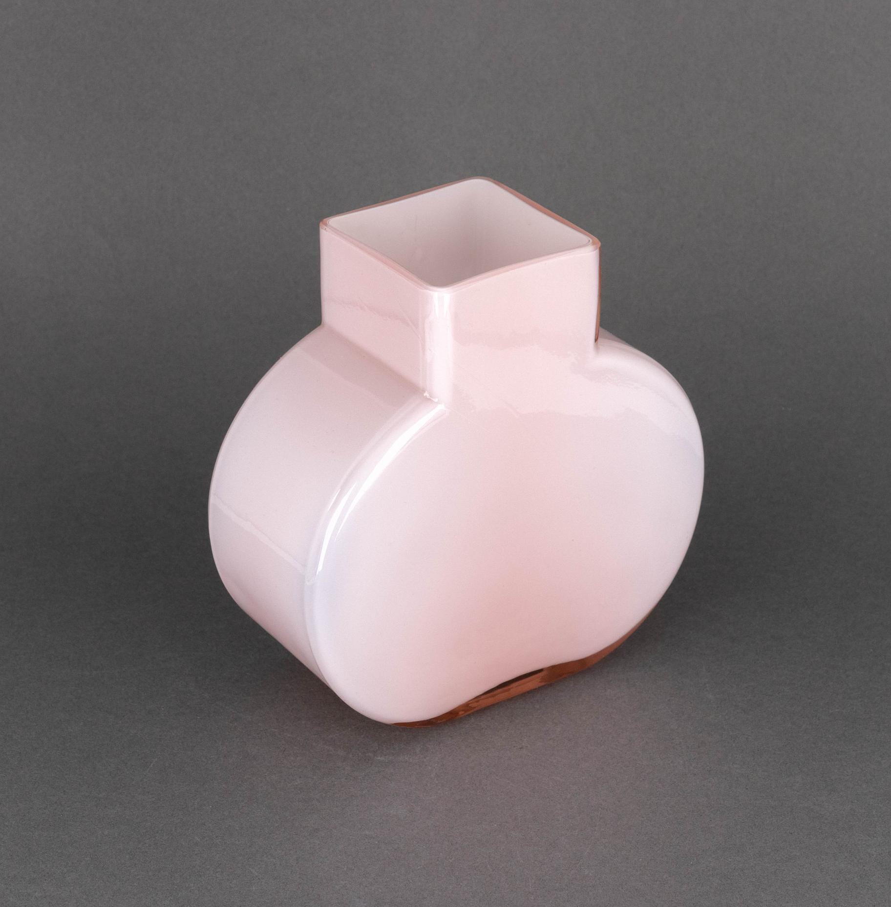 Vintage Pale Pink Cased Glass Vase With Square Opening and Round Base ...