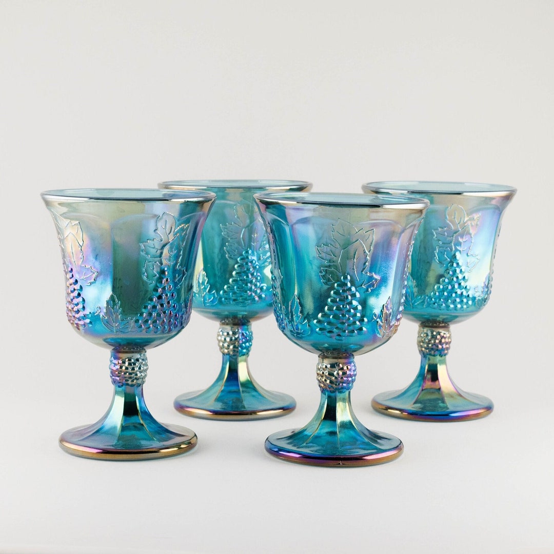 Vintage Indiana Harvest Grape Blue Carnival Glass Goblets, Set of 4 ...