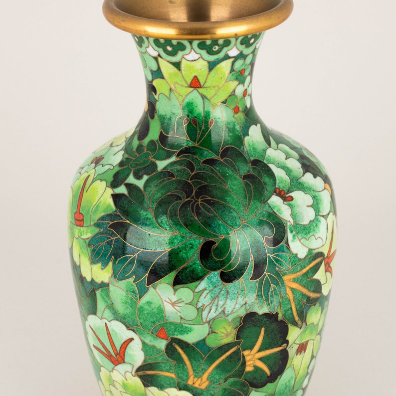 Jingfa Green Enameled Cloisonne Vase With Peonies and Chrysanthemums - Etsy