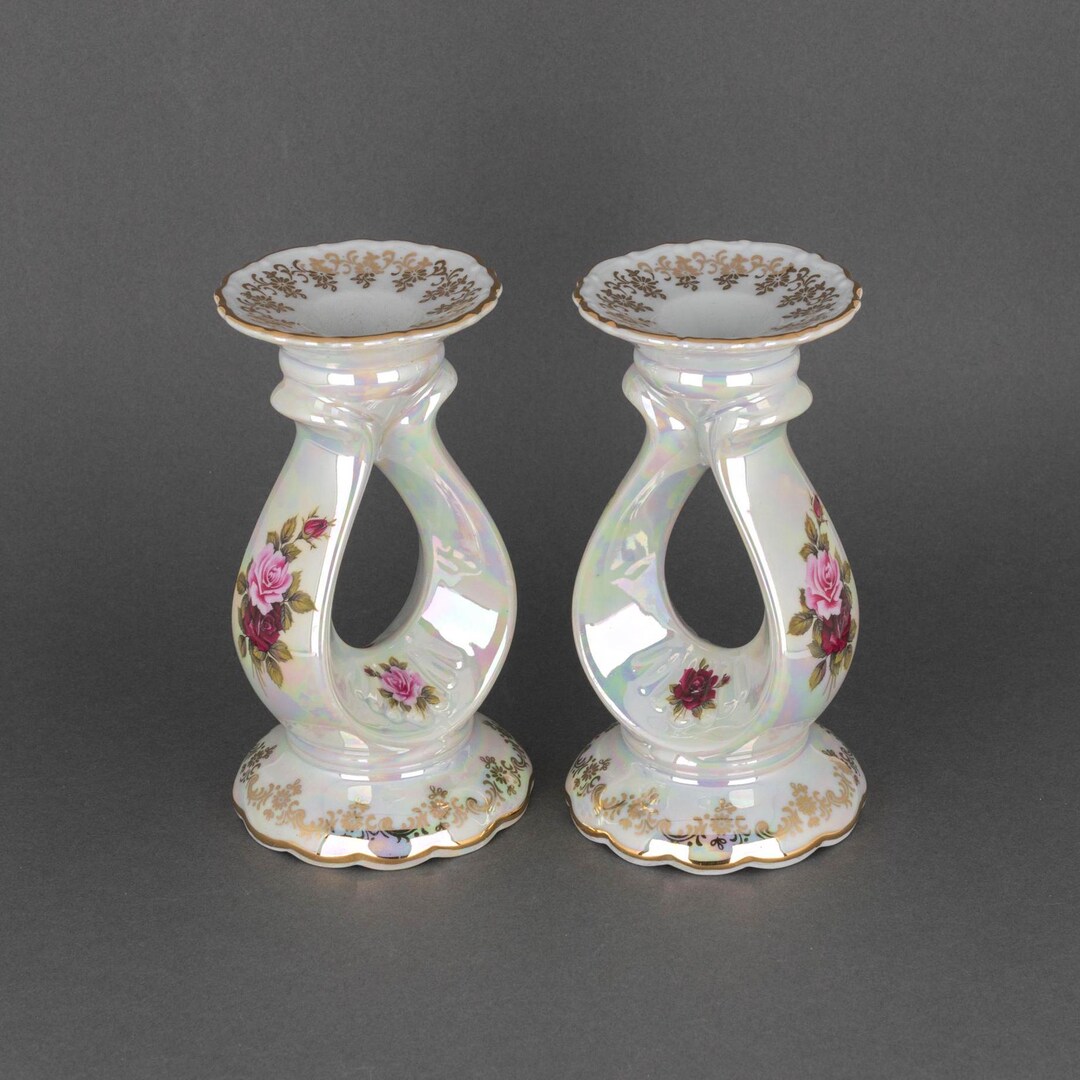 Pair of Vintage Lusterware Candle Holders With Roses, Czech Republic ...