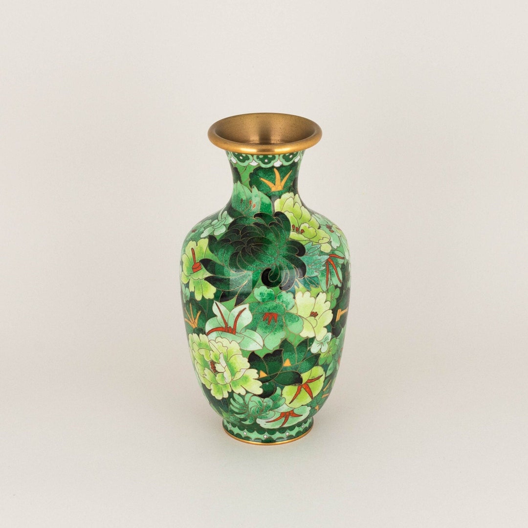 Vintage Jingfa Green Cloisonné Vase With Peonies & Chrysanthemums ...