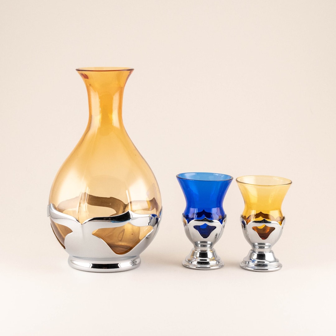 Farber Brother's Krome Kraft Decanter & 2 Cordial Glasses, 1930's Art ...