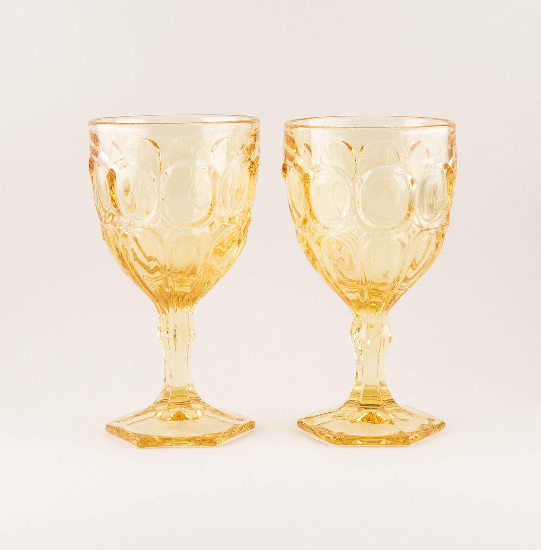 Set of 2 Vintage Yellow Glass Water Goblets, Fostoria Moonstone Pattern ...