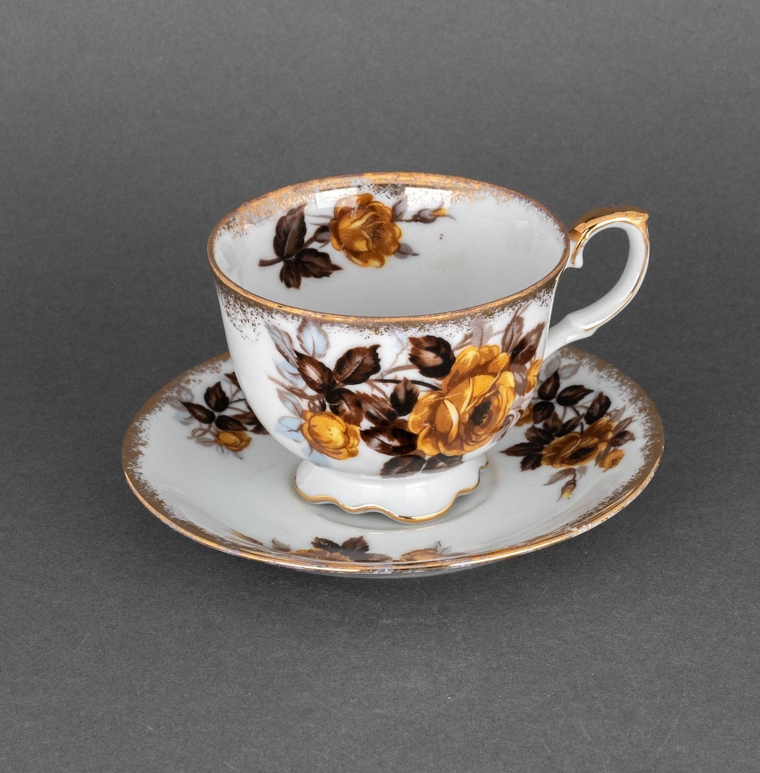 Vintage Japan Tea Cup and Saucer Set With Brown and Yellow Roses Gold ...