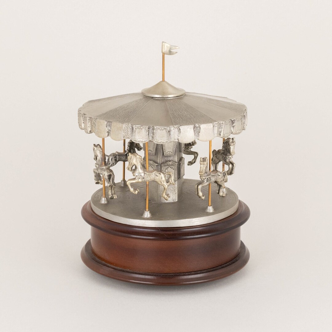 Vintage Pewter Wind up Musical Carousel W/ Wood Base by George Findan ...