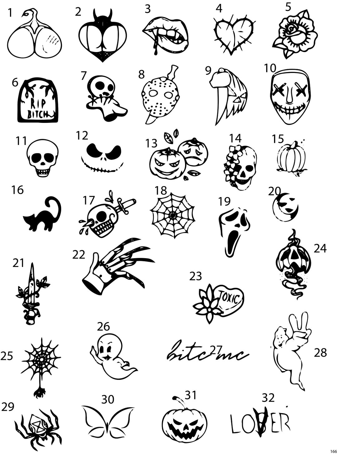 Pre-made Ready to Use Halloween Spooky Horror Skull Tattoo Stencils Set ...