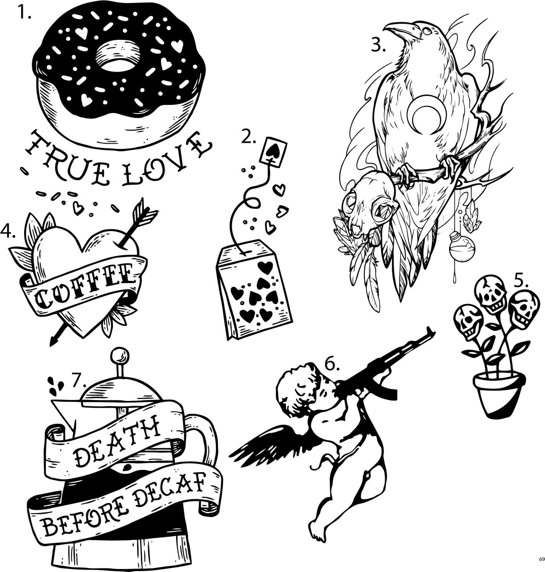 Pre-made Ready to Use Donut Coffee Tea Flash Tattoo Stencils Set of 4 ...