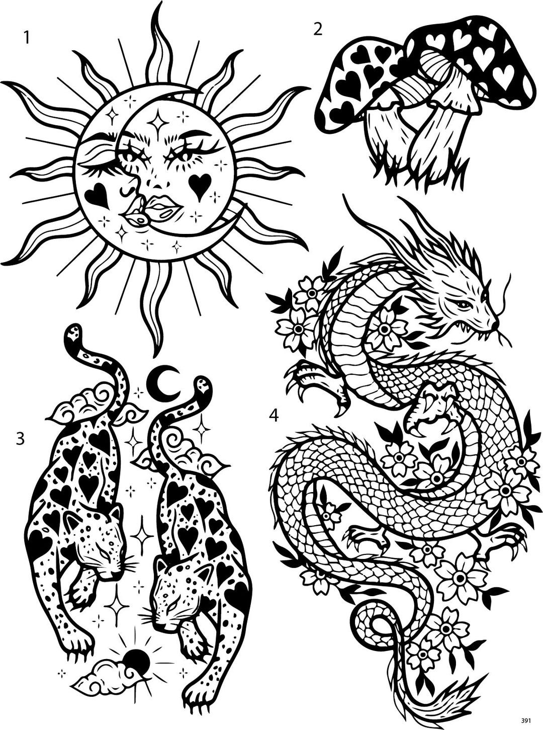 Pre-cut Ready to Use Girly Sun Moon Dragon Tattoo Stencils Set of 4 - Etsy