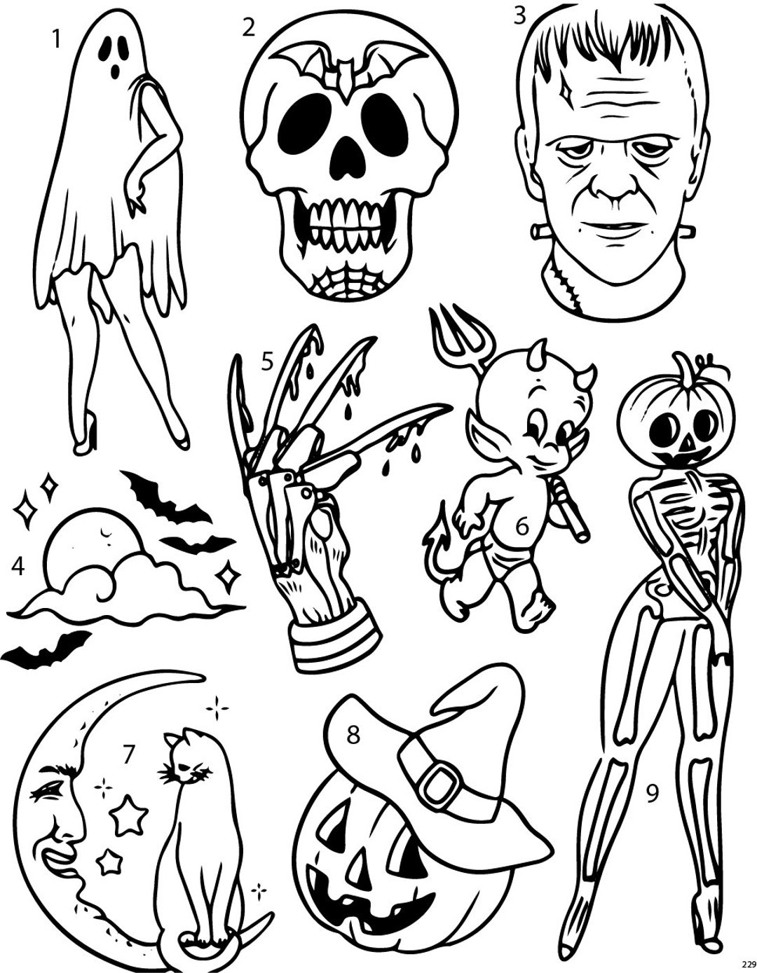 Pre-made Ready to Use Halloween Spooky Horror Skull Tattoo Stencils Set ...