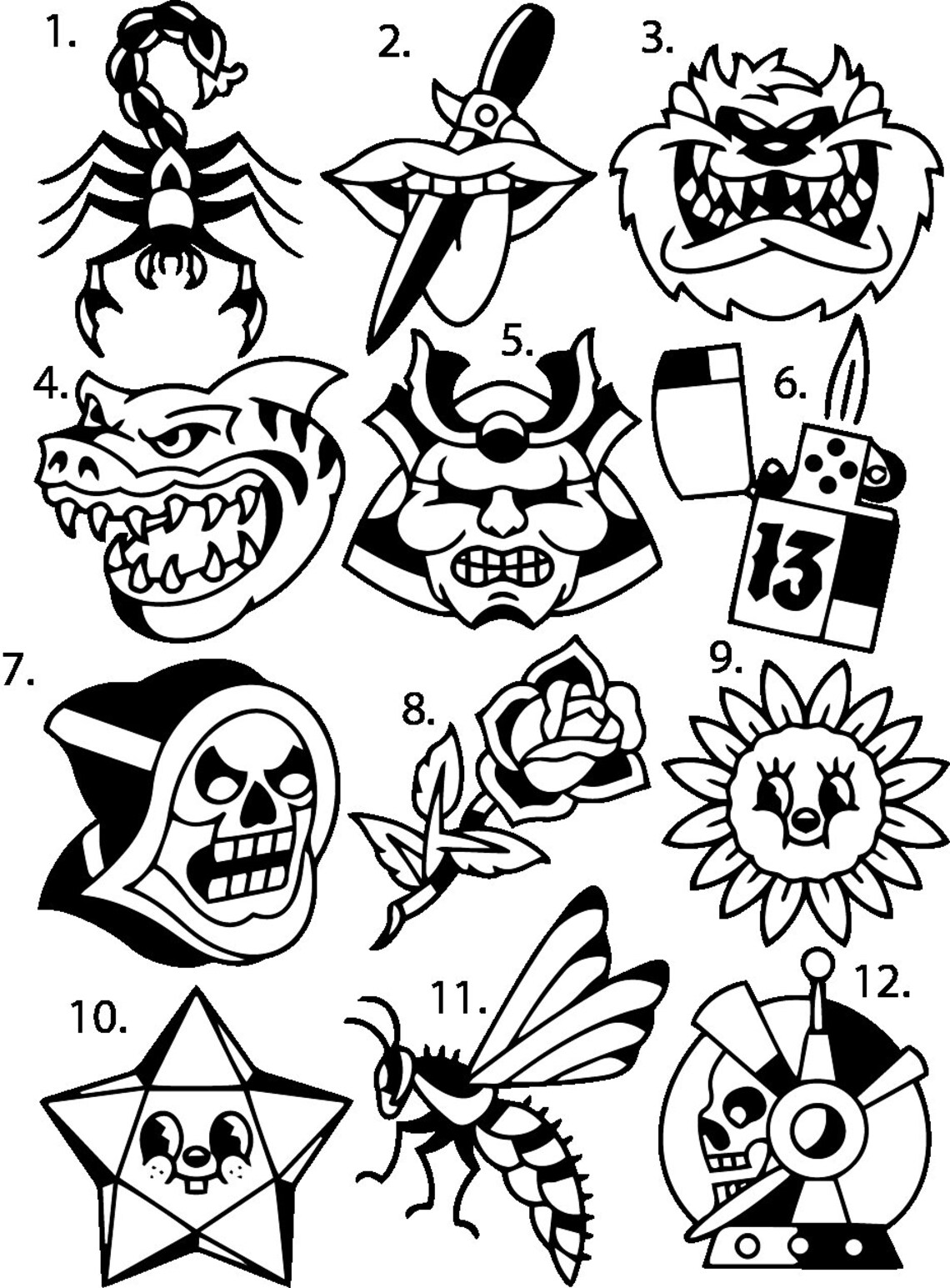 Pre-made Ready to Use Skeleton Lips Sunflower Rose Star Flash Tattoo ...