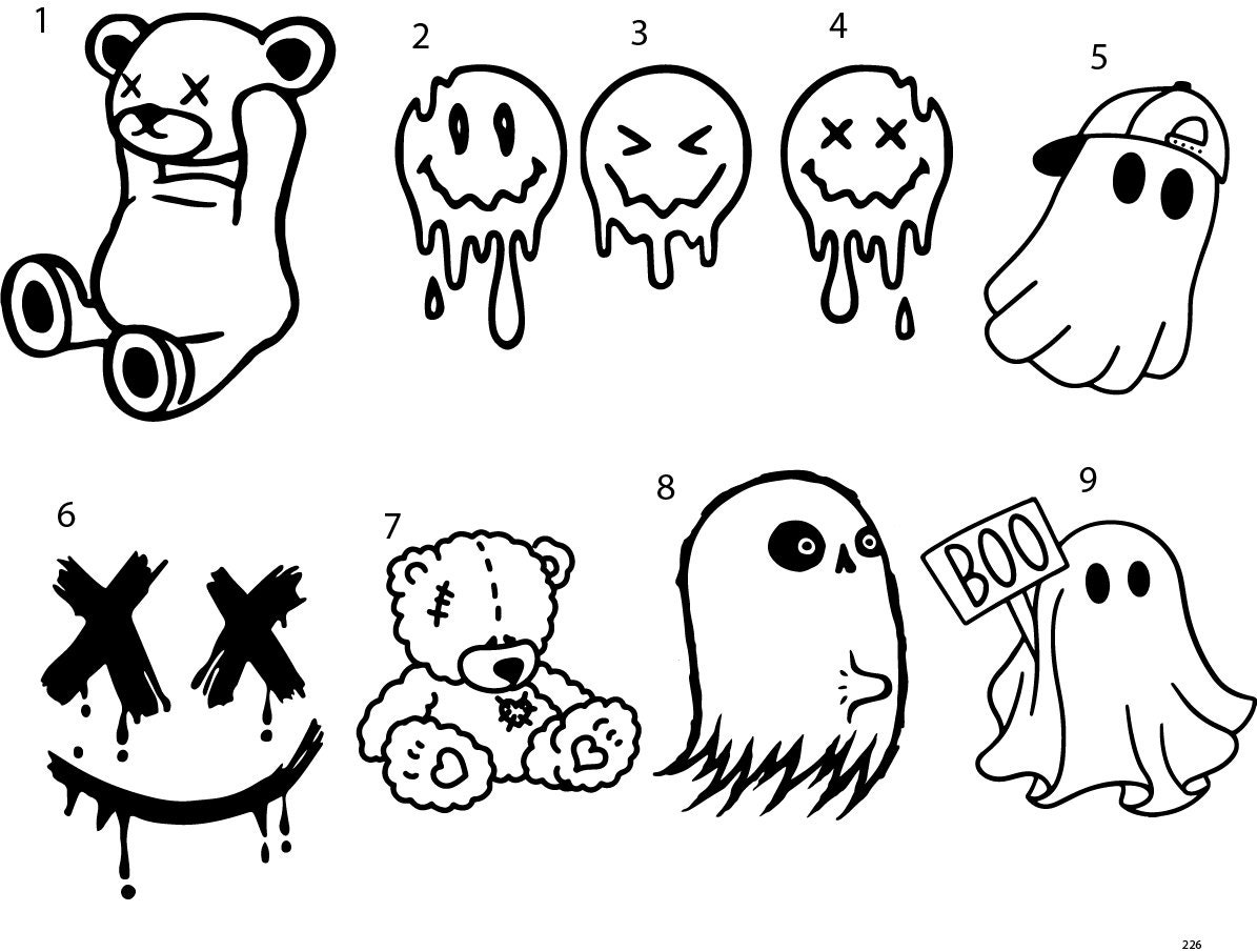 Pre-made Ready to Use Cute Ghost Teddy Bear Flash Tattoo Stencils Set ...