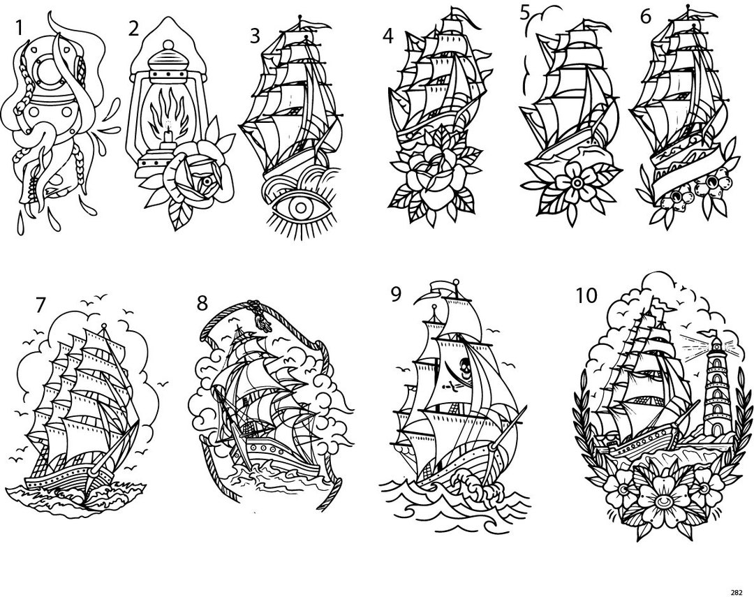 Pre-made Ready to Use Flash Boats Sailboat Ship Tattoo Stencils Set of ...
