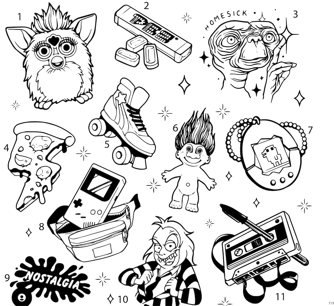 Pre-made Ready to Use 90's Cartoon Toys Flash Tattoo Stencils Set of 4 ...