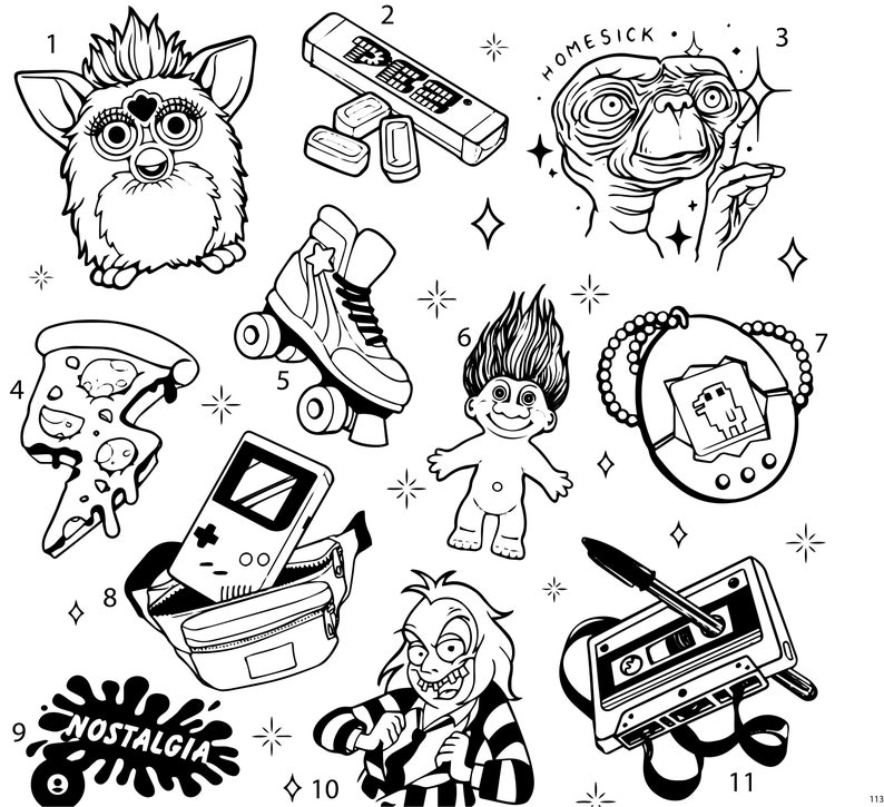 Pre-made Ready to Use 90's Cartoon Toys Flash Tattoo Stencils Set of 4 ...