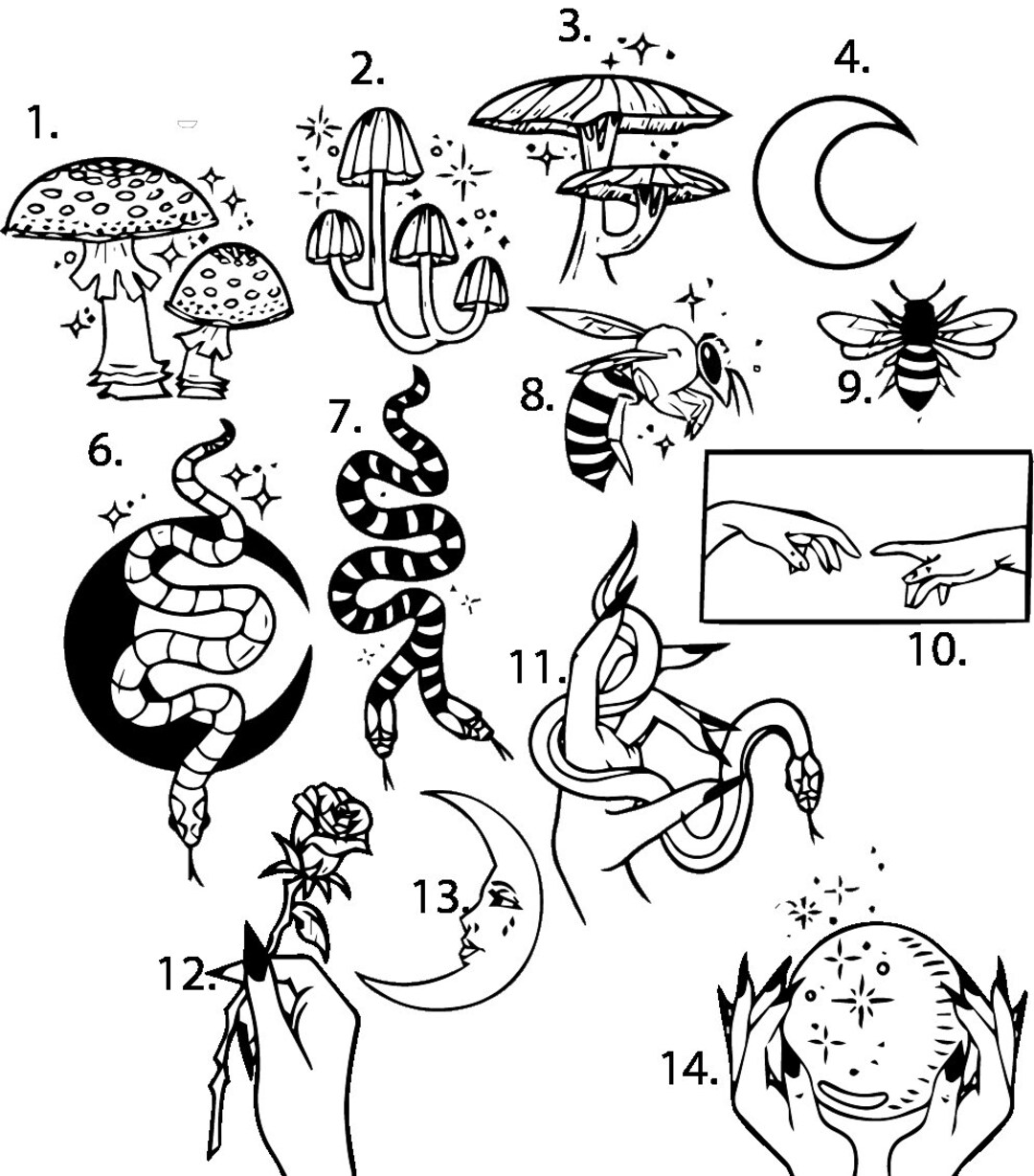 Pre-made Ready to Use Snake Mushroom Moon Bee Flash Tattoo Stencils Set ...