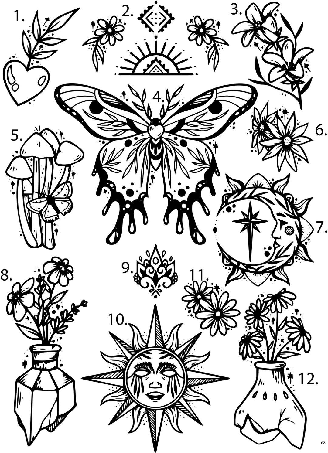 Pre-made Ready to Use Butterfly Sun Moon Heart Flower Flash Tattoo ...