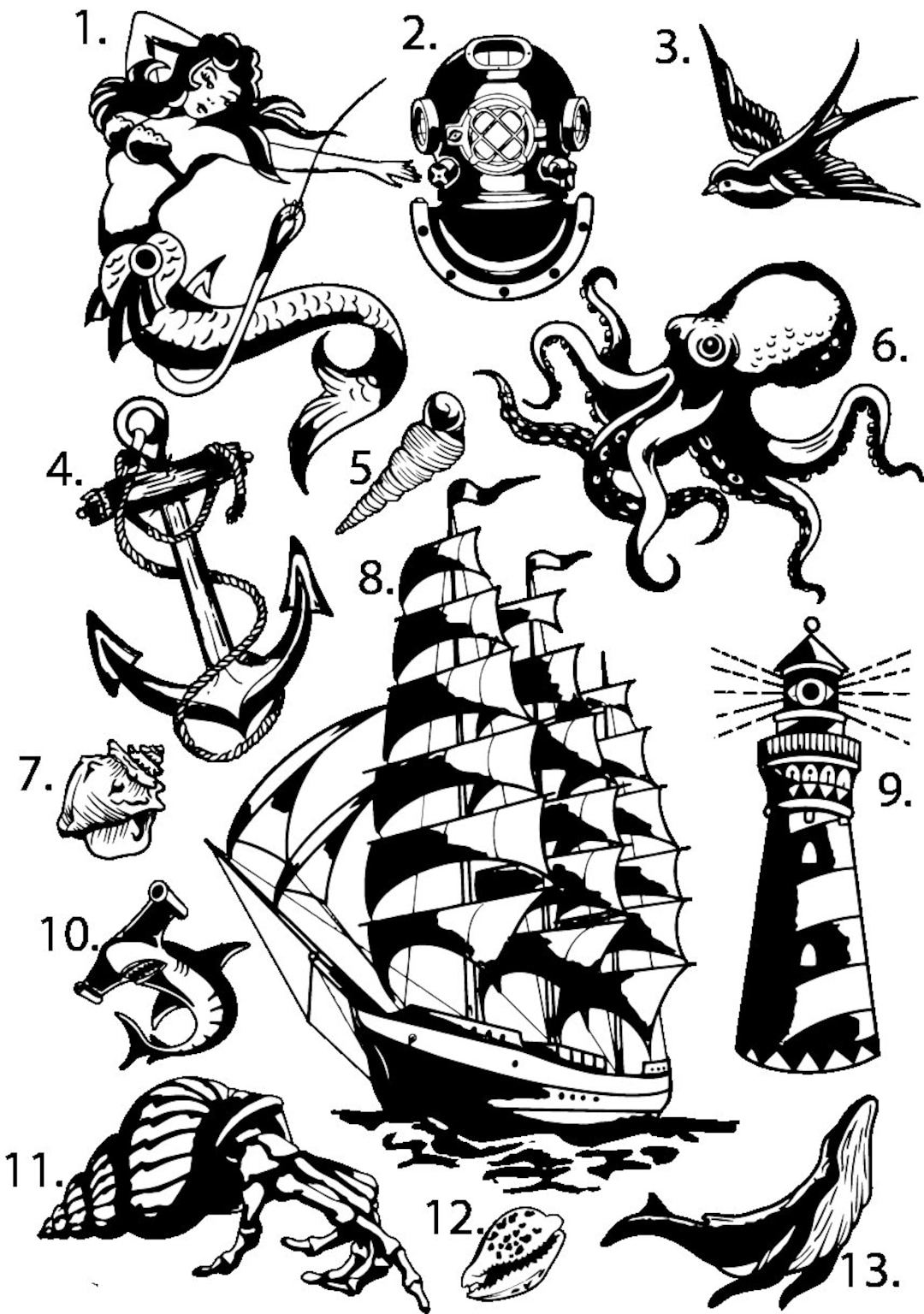 Pre-made Ready to Use Lighthouse Mermaid Boat Bird Sea Flash Tattoo ...