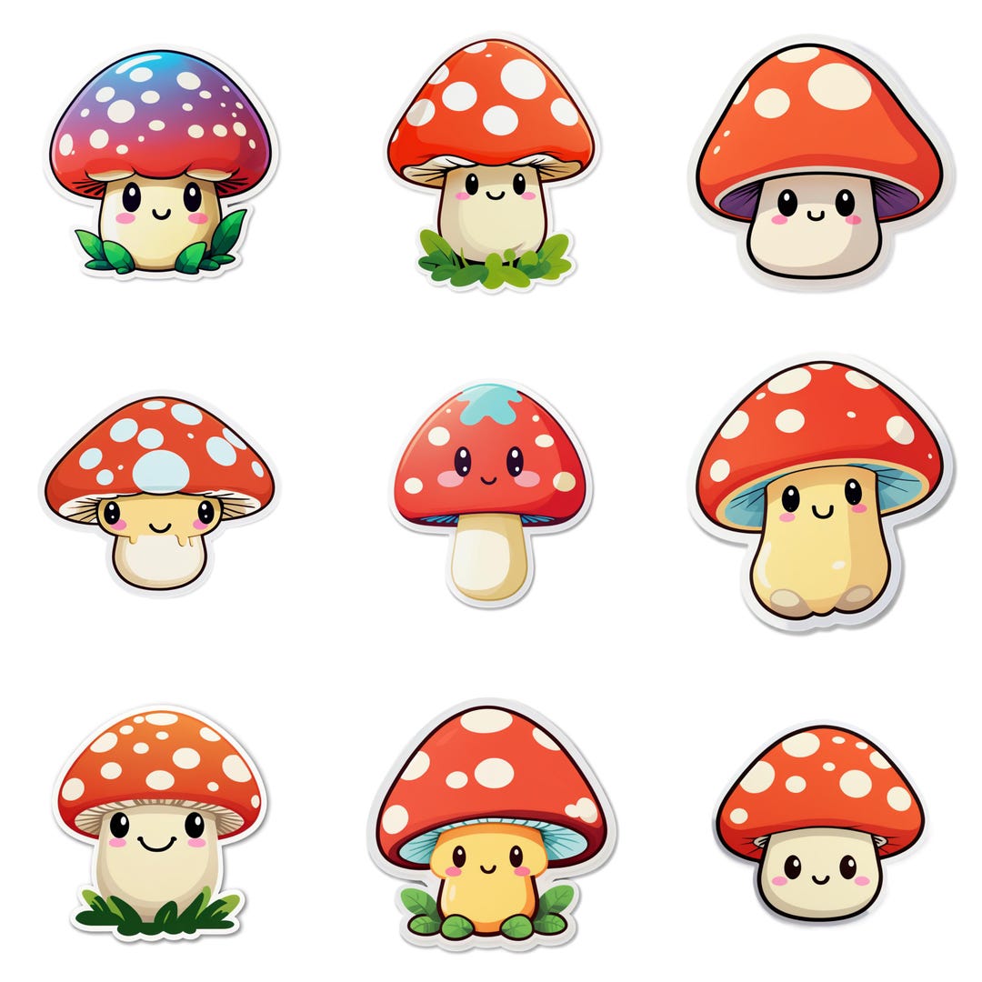 Kawaii Cuteness Stickers, Cute Mushroom Stickers, Kawaii Mushroom 9 ...