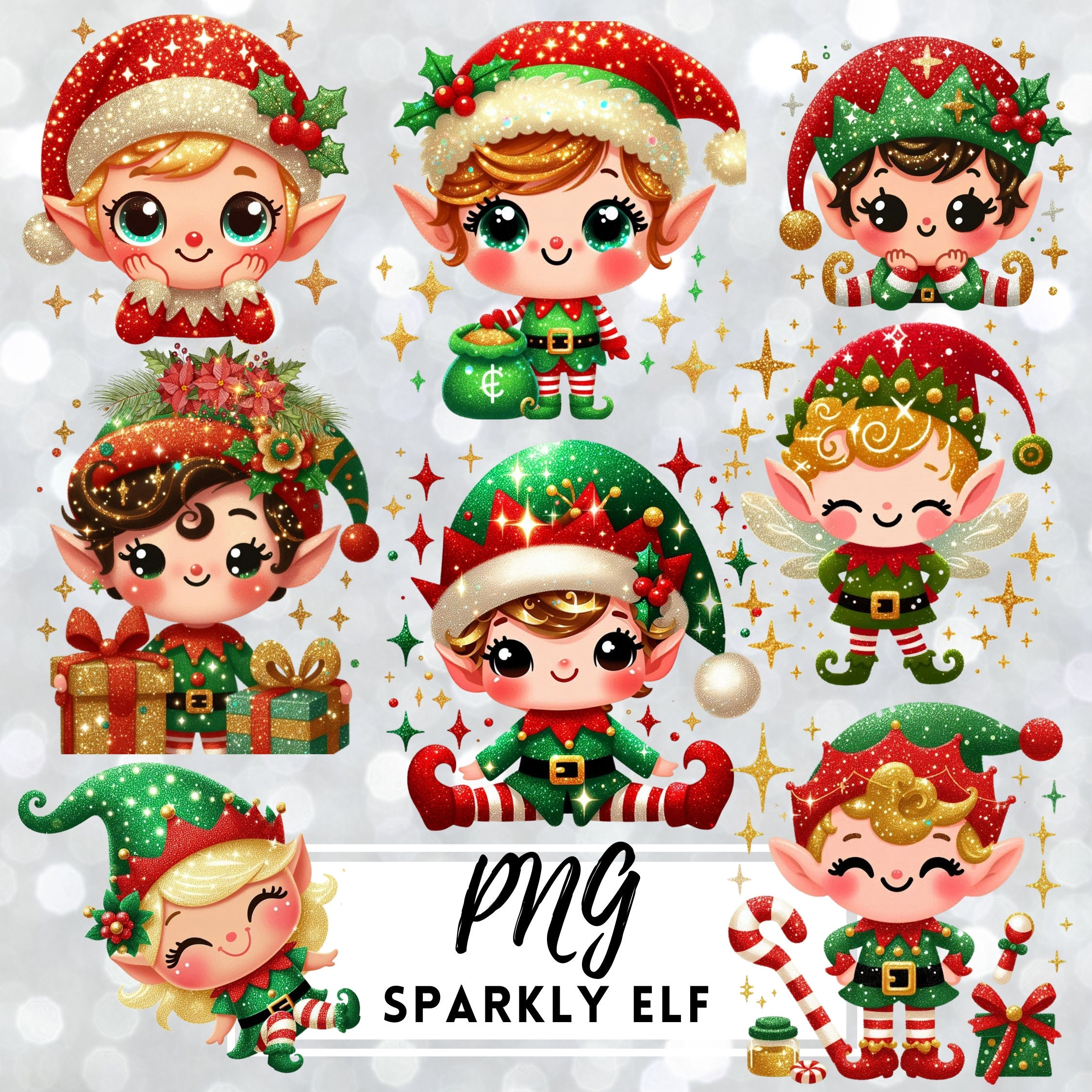 Christmas Elf Clipart PNG, Cute Elves Bundle Commercial Use, Glitter ...