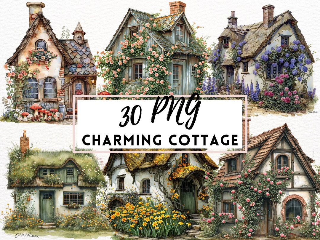 Cottage Clipart, Cottagecore Spring Watercolor Clipart, Rustic Images ...