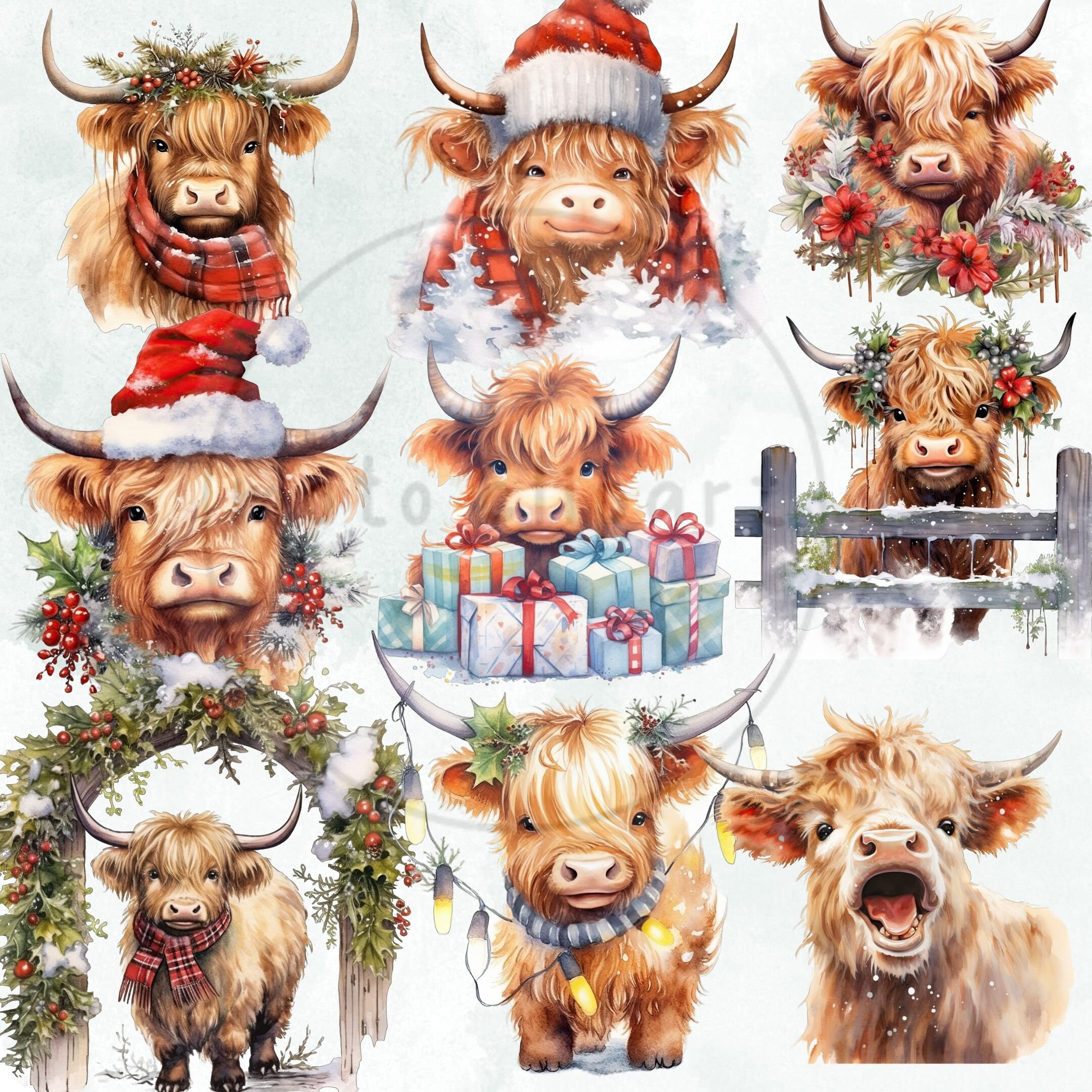 Christmas Highland Cow Watercolor Clipart Bundle (PNG Digital Download ...