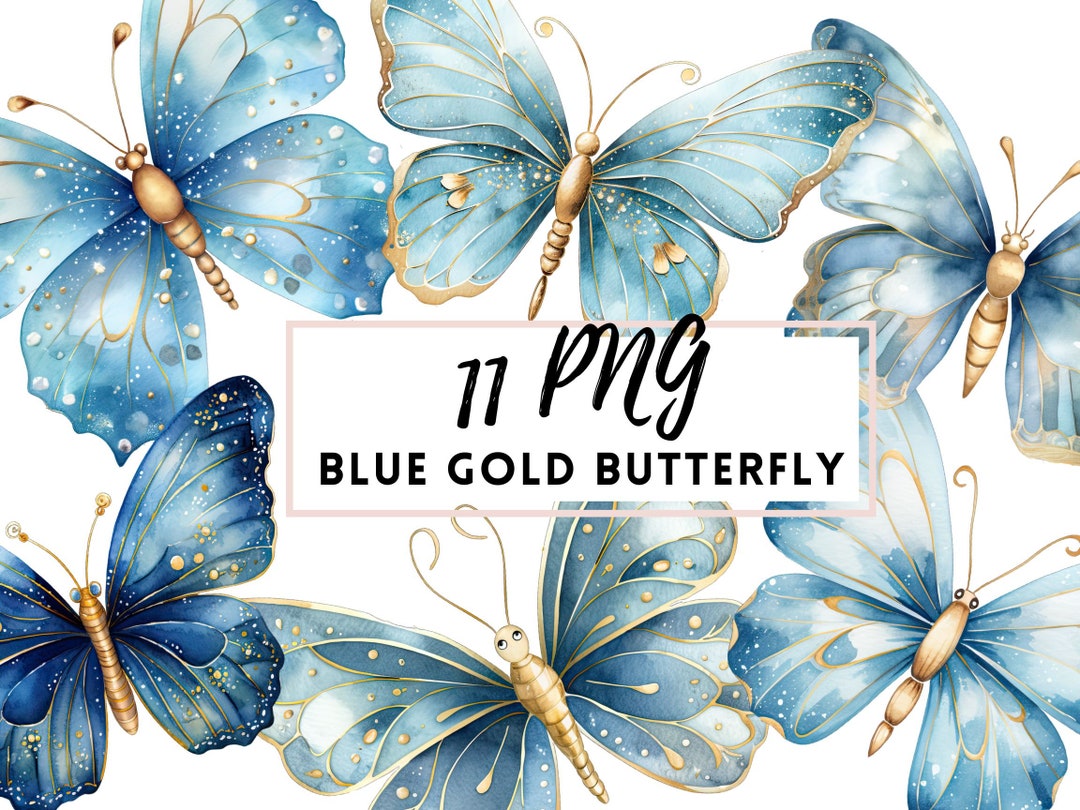 Blue Gold Butterfly Clipart Set, Watercolor PNG (digital Download) - Etsy