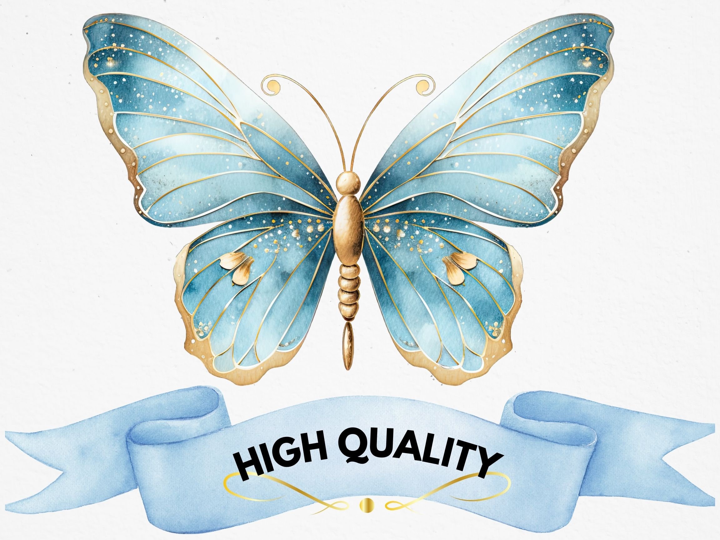 Blue Gold Butterfly Clipart Set, Watercolor PNG (digital Download) - Etsy