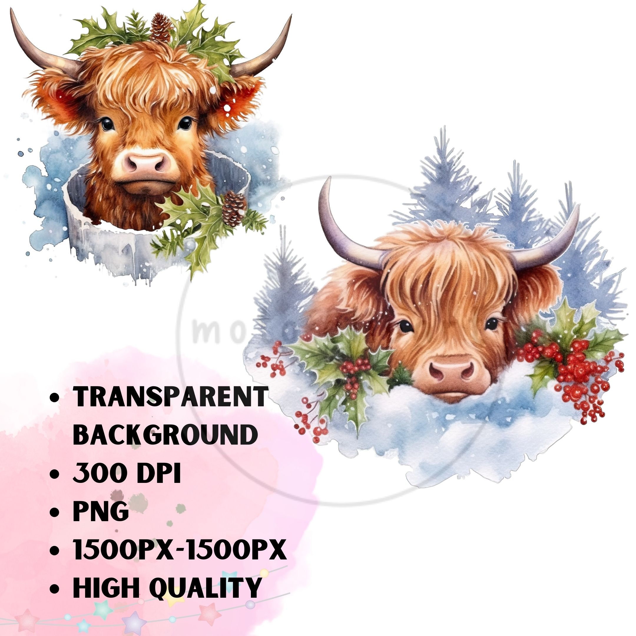 Christmas Highland Cow Watercolor Clipart Bundle (PNG Digital Download ...