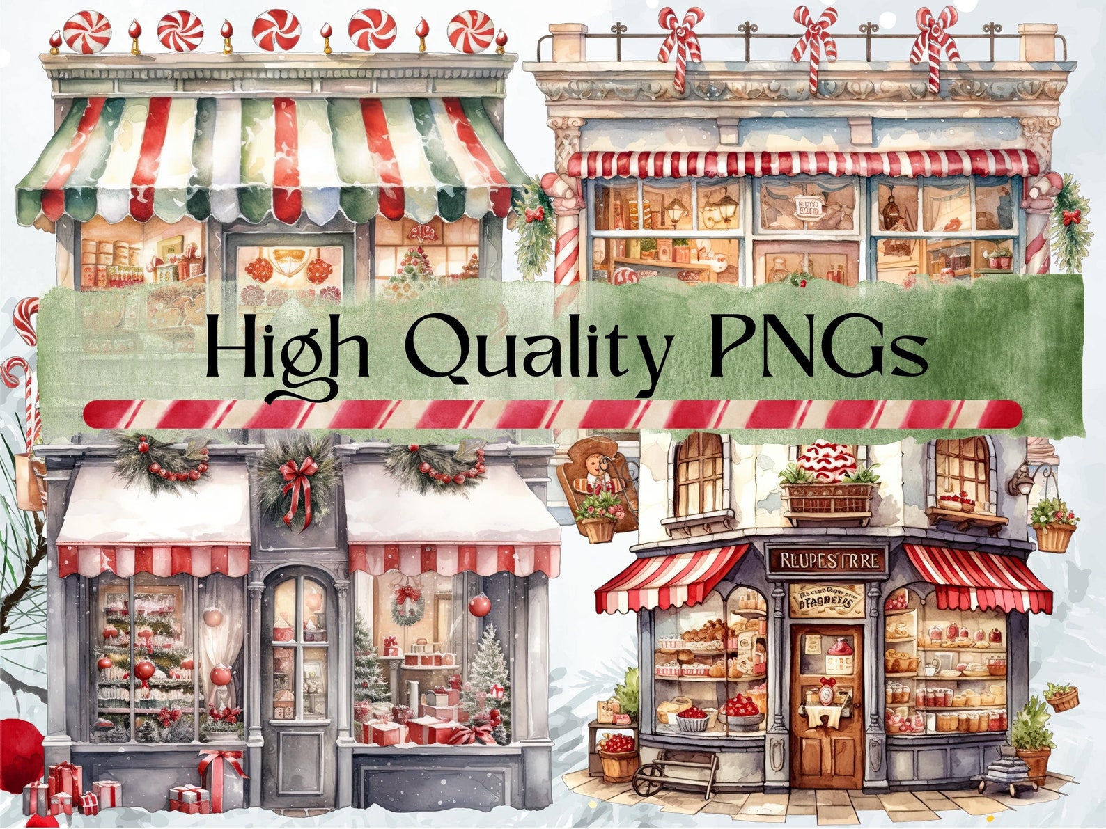 Christmas Bakery Shop, Watercolor Bakery Clipart, Decorated Holiday ...