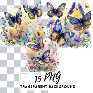Watercolor Butterfly Garden Clipart: Wildflower PNG Set (digital ...