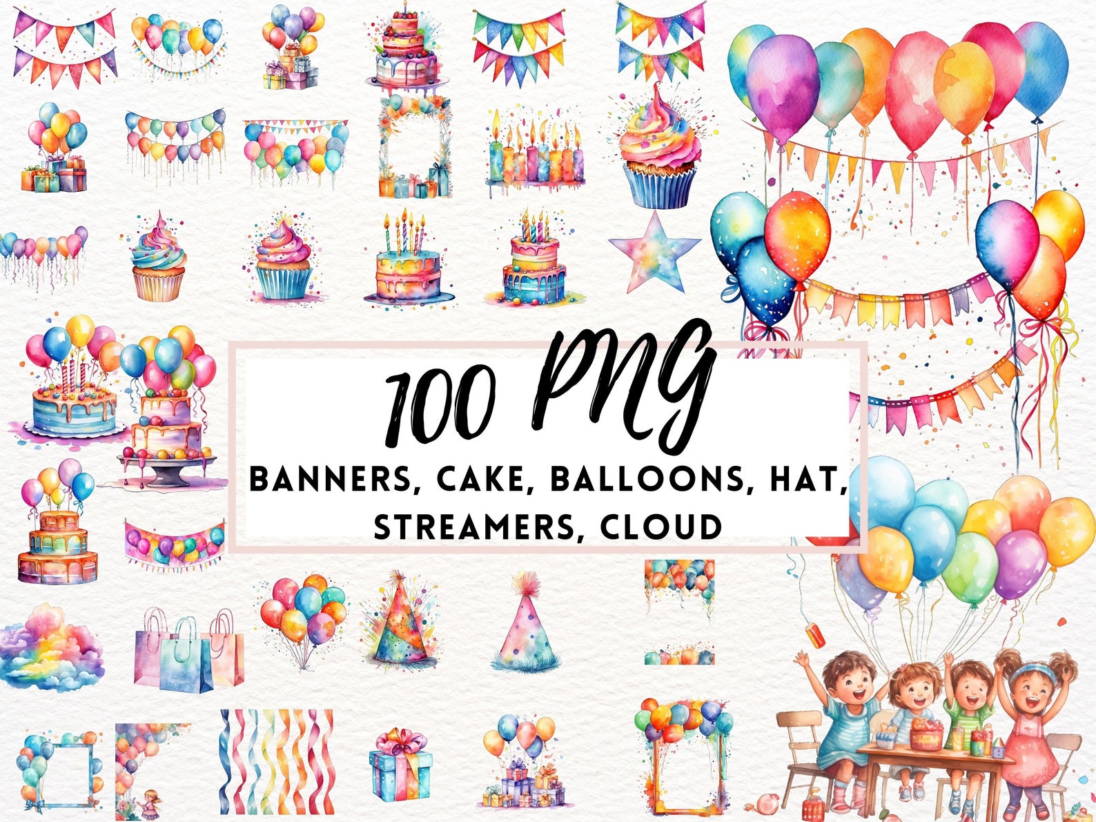 Rainbow Happy Birthday Party Clipart, Cake Present Balloons Clipart SET ...