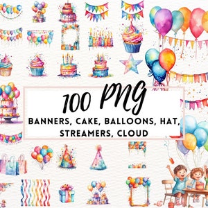 Rainbow Happy Birthday Party Clipart, Cake Present Balloons Clipart SET ...