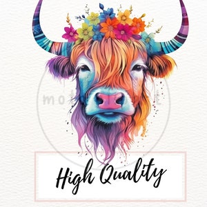 Rainbow Watercolor Highland Cow Clipart, Painted Highland Cow Clipart ...