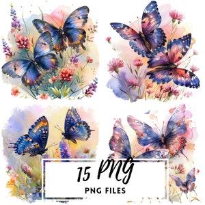 Watercolor Butterfly Garden Clipart: Wildflower PNG Set (digital ...