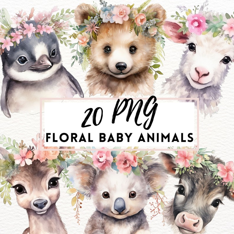 Baby Animals Watercolor With Florals, Animals Clipart, Baby Animals ...