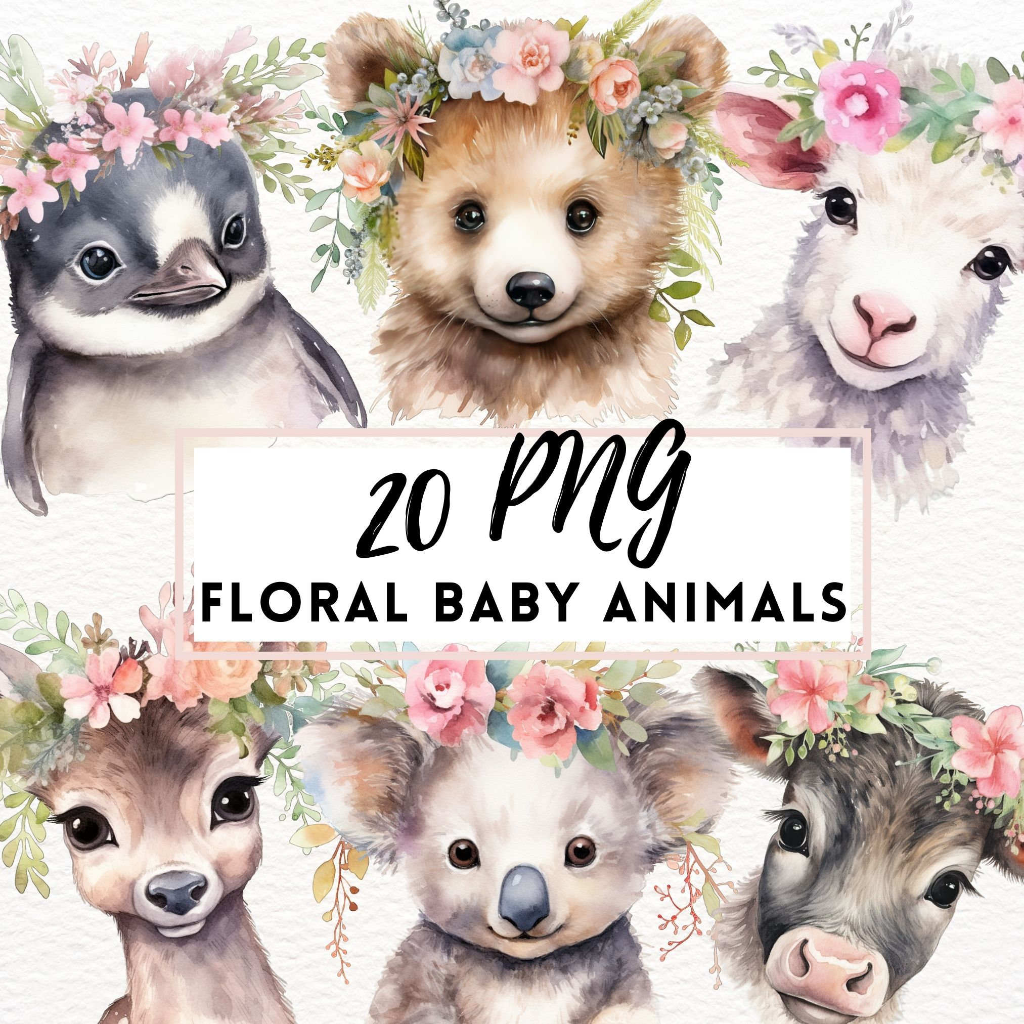 Baby Animals Watercolor With Florals, Animals Clipart, Baby Animals ...