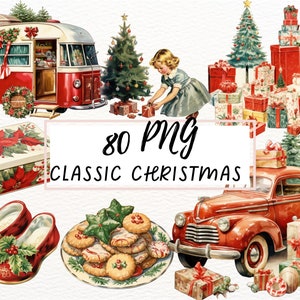 Classic Christmas Antique Watercolor PNG, Retro Clipart Bundle, Vintage ...