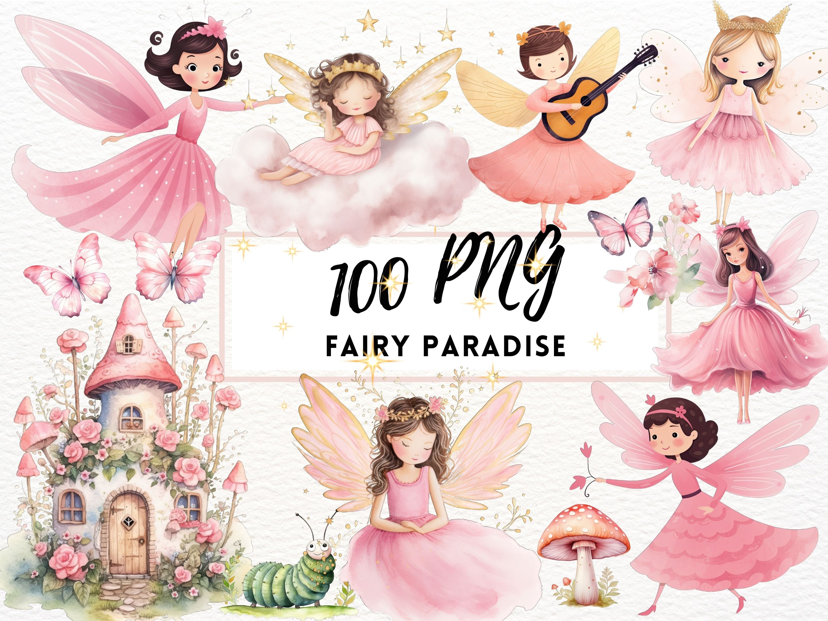 Pink Fairy Wonderland Clipart, Enchanted Fairy Garden Clipart, Pink ...