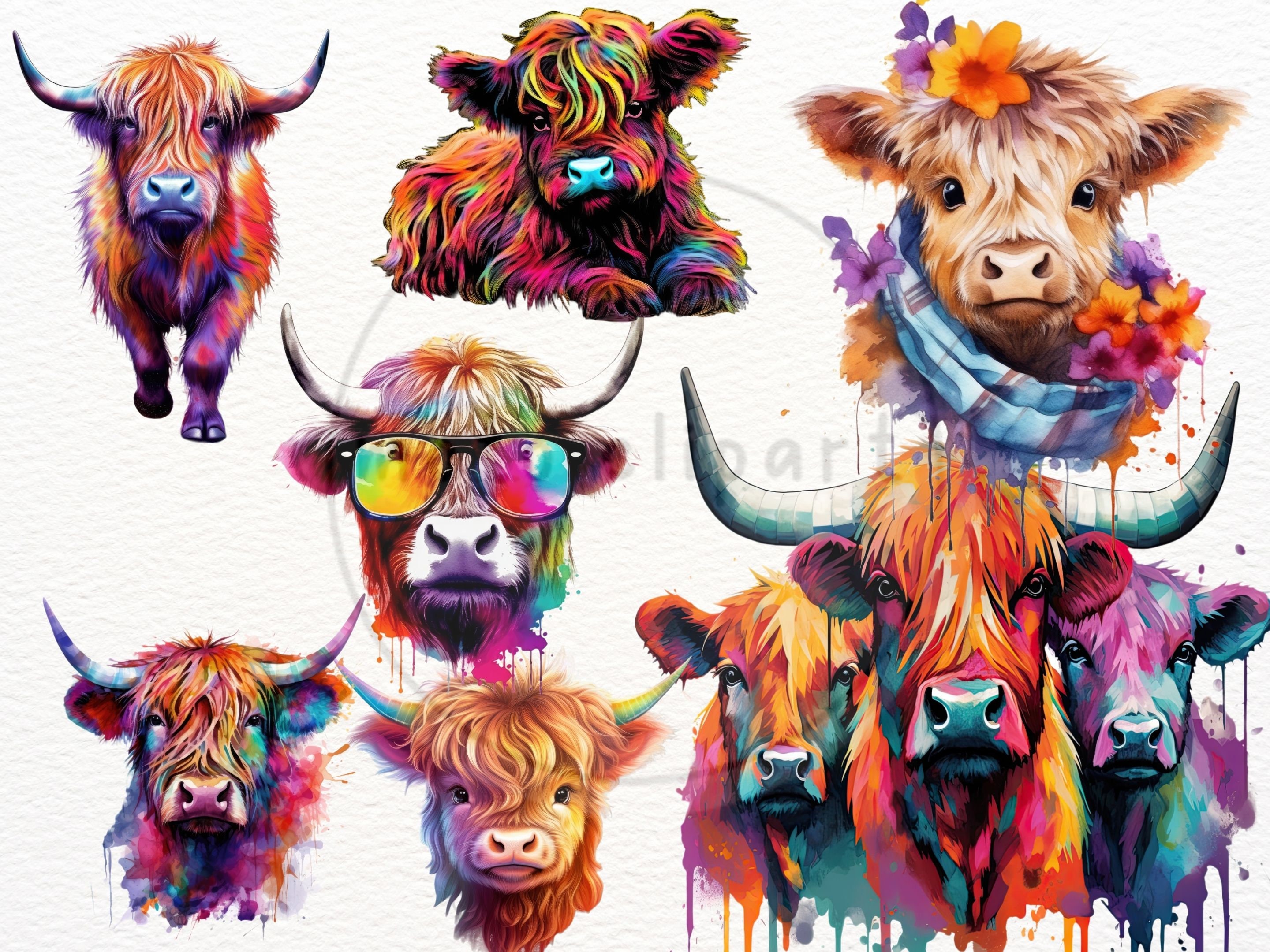 Rainbow Watercolor Highland Cow Clipart, Painted Highland Cow Clipart ...