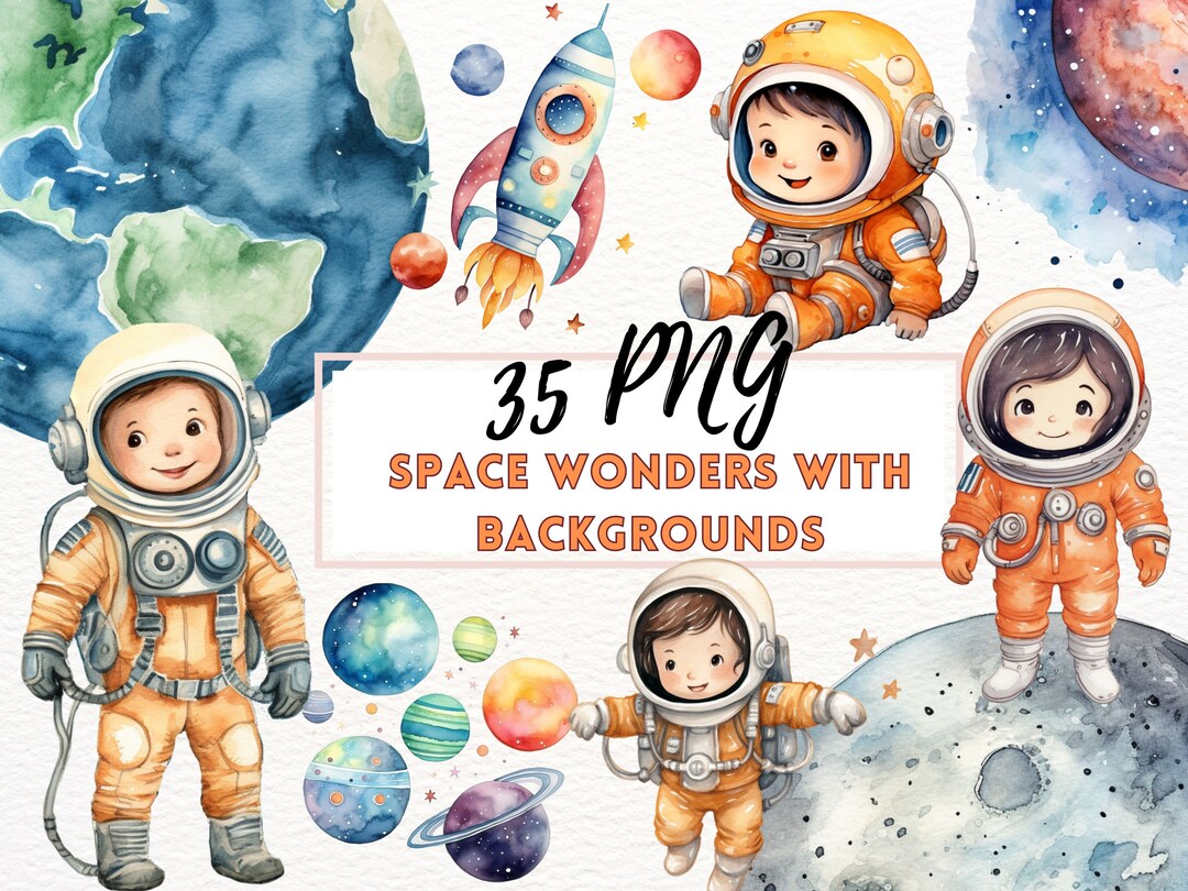 Watercolor Space Clipart, Cute Astronaut Nursery Clipart, Rocket ...