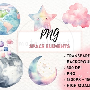 Space Watercolor Clipart, Cute Astronaut Spaceship, Pastel Planets ...