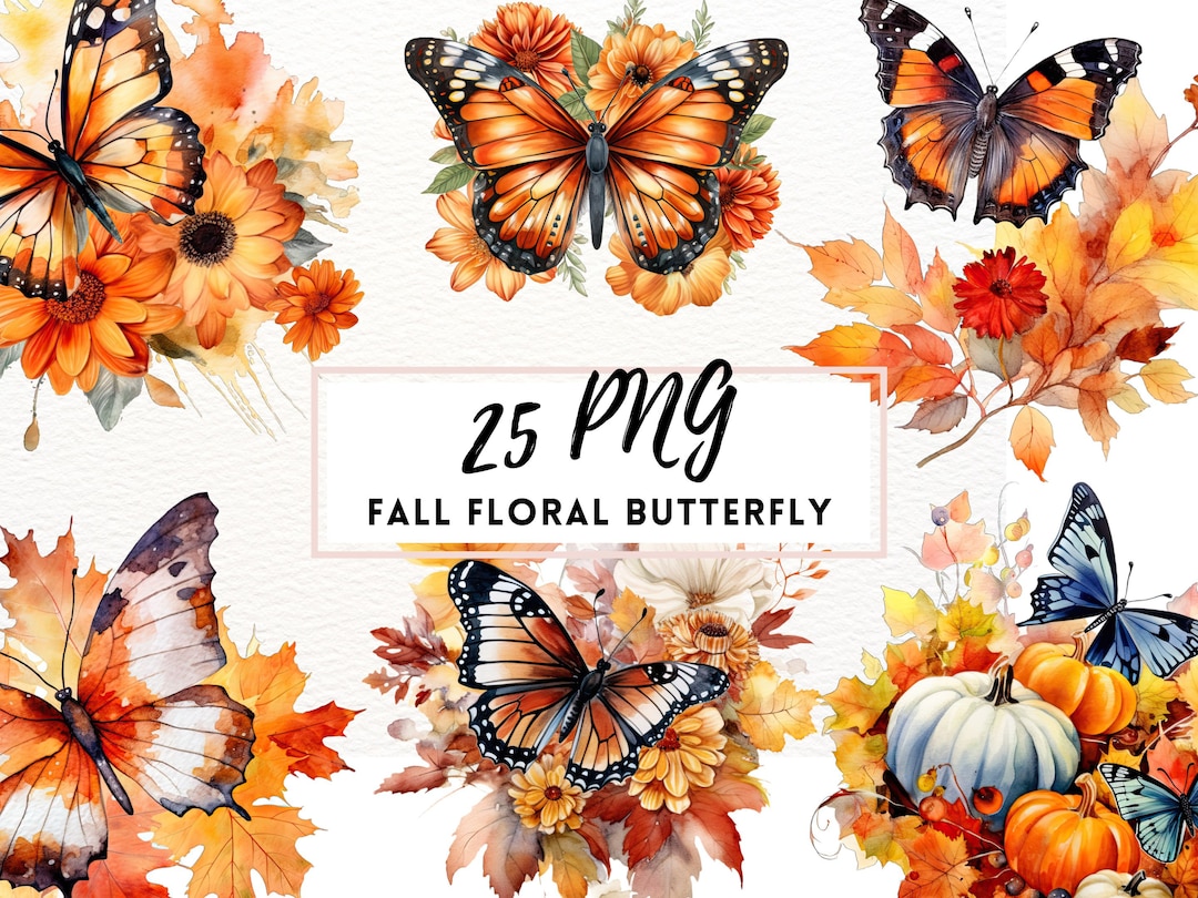 Watercolor Fall Butterfly Garden Download Clipart SET, Butterfly ...