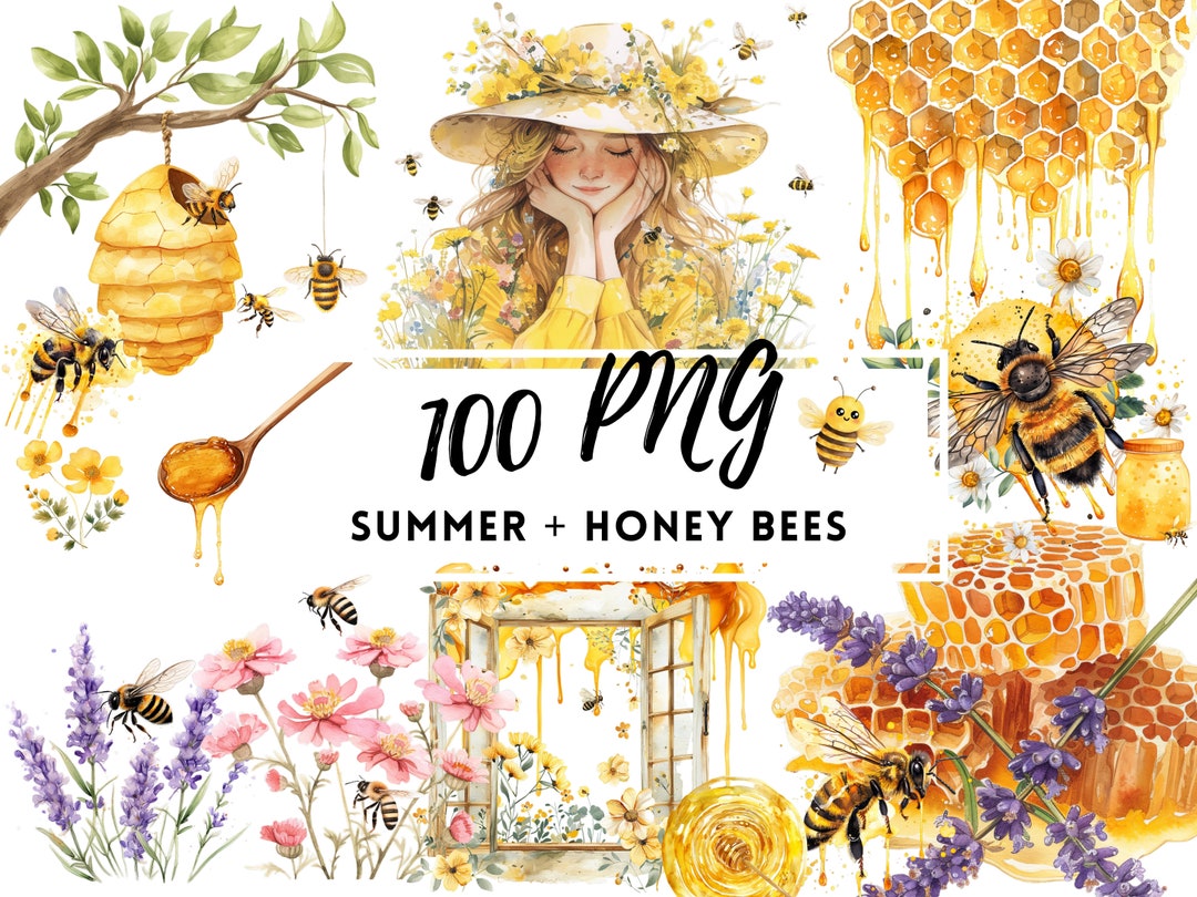 Watercolor Honey Bee Clipart, Honey Bee PNG, Bumble Bee, Honeycomb, Bee ...